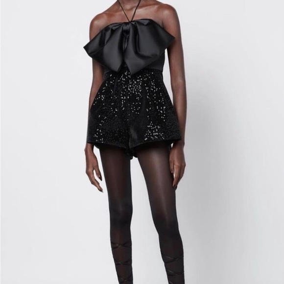 Zara | Pants & Jumpsuits | Zara Bow Trim Sequin Jumpsuit Xs | Poshmark